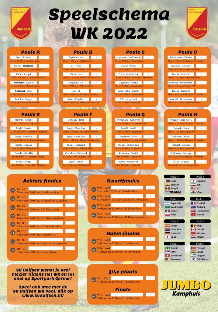 WK-speelschema op posterformaat in SV Dalfsen-stijl – SV Dalfsen